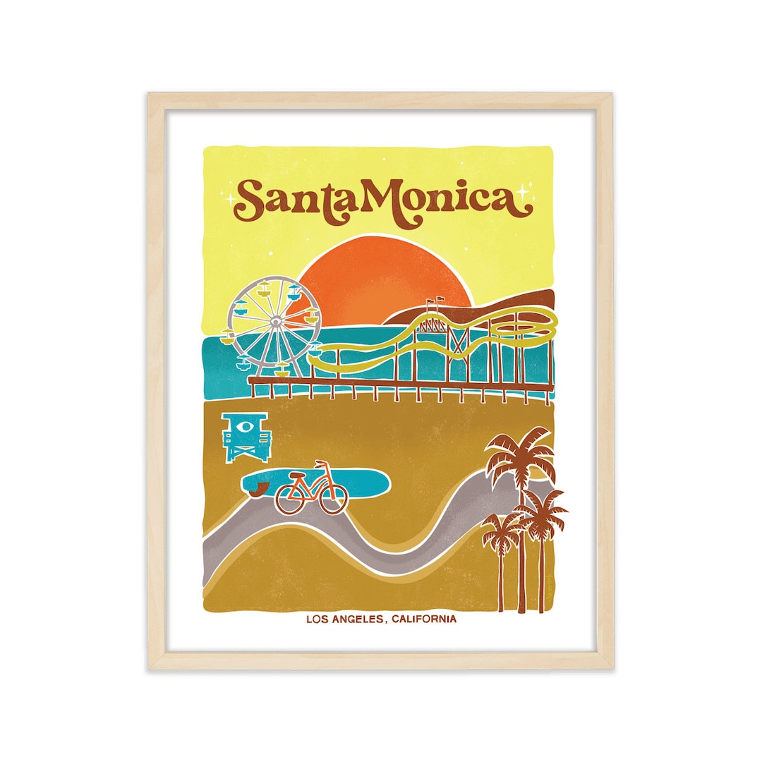 Santa Monica Beach Retro Poster: California Travel Art Print - Etsy