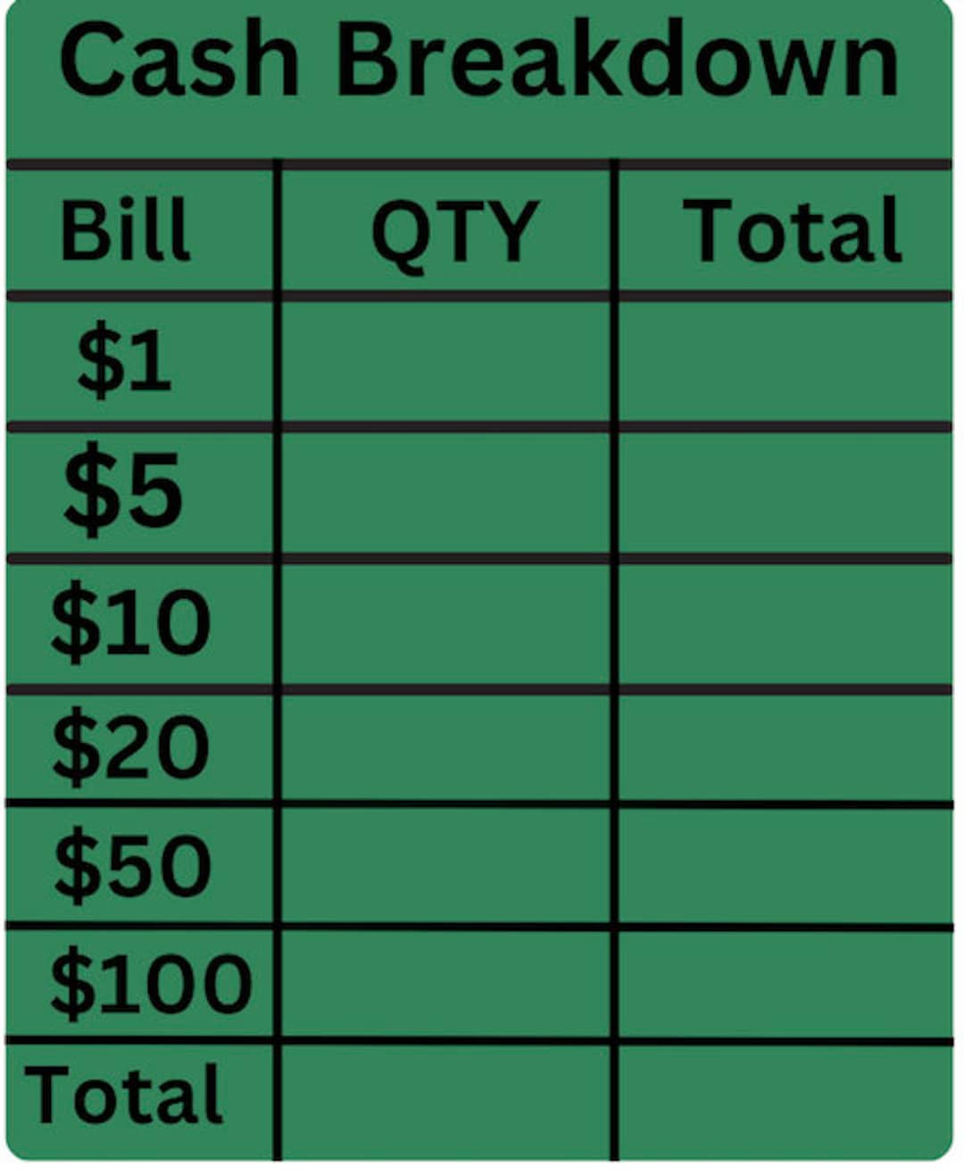 Cash Breakdown Printable (green) - Etsy
