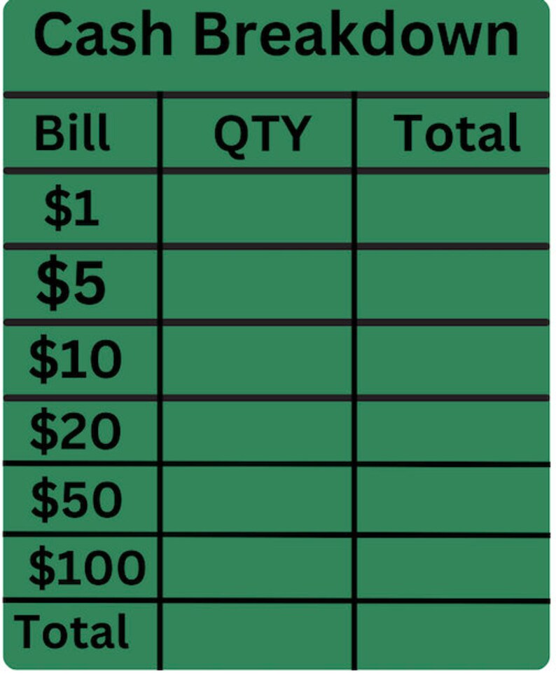 Cash Breakdown Printable (green) - Etsy