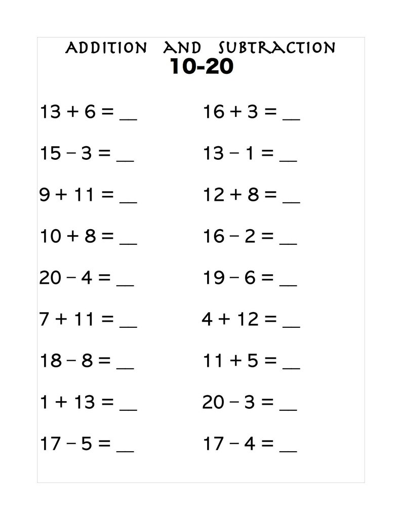 11 Pages. Addition and Subtraction Numbers 10-20 - Etsy