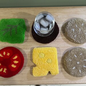 Tufted Burger Coaster Set of 6, Hamburger, Cheese, Tomato, Sesame Bun ...