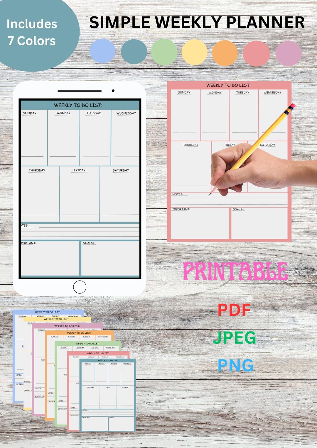 Printable To-do List – 7 Versions in 7 Color Palettes, PDF, PNG, JPEG ...
