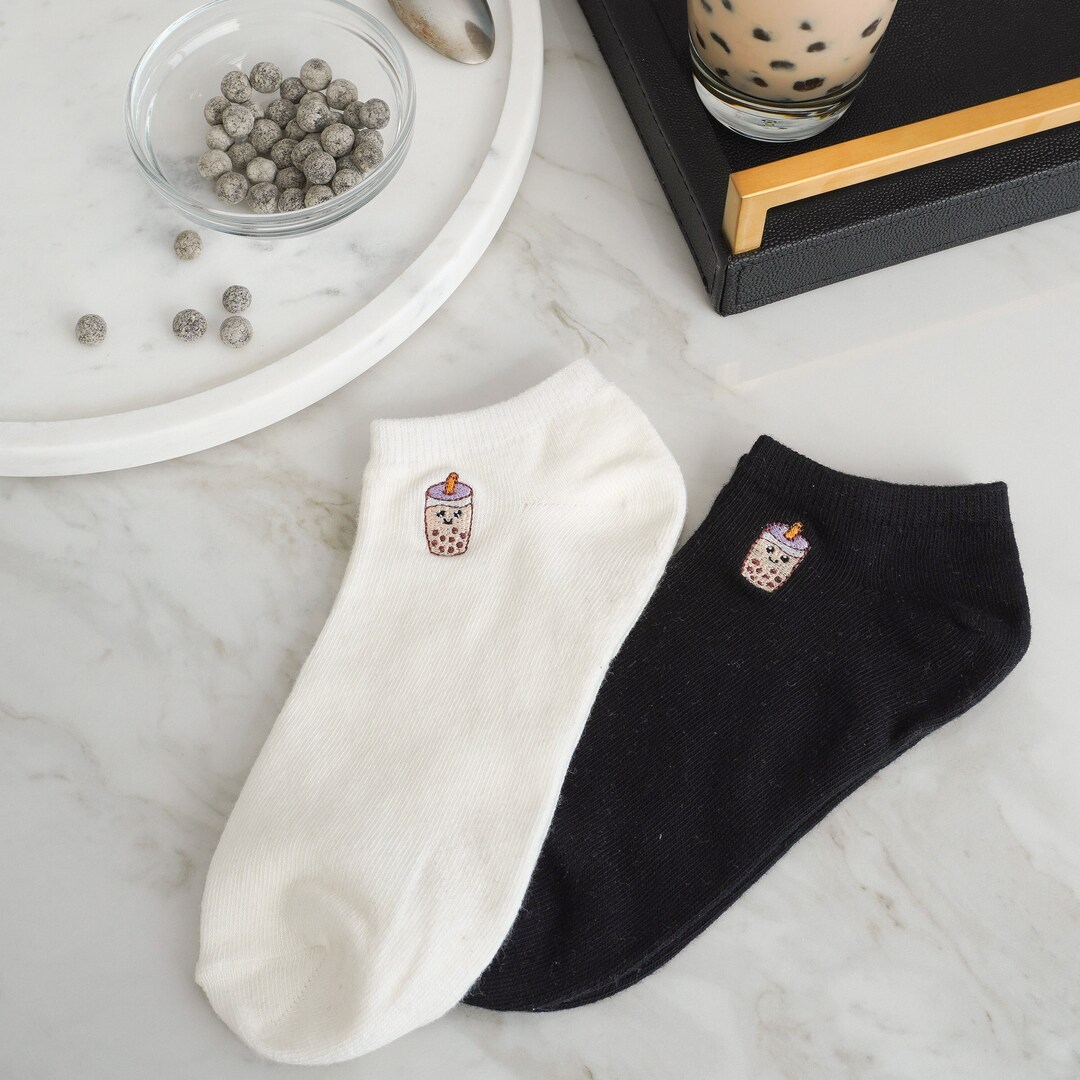 SET OF 2 Bubble Tea Embroidered Socks - Boba Tea Socks - Milk Tea Socks ...