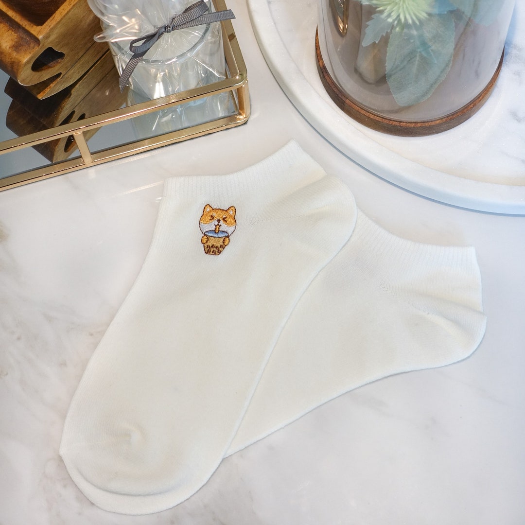 Shiba Dog Bubble Tea Embroidered Socks - Boba Tea Socks - Milk Tea ...