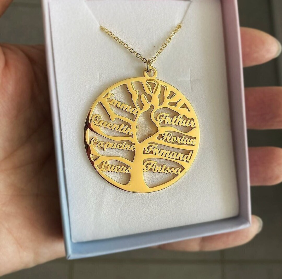 14K Gold Solid, Personalized Family Tree Necklace Personalized Tree of ...