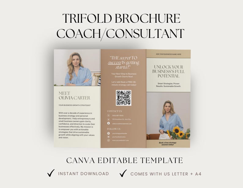 Trifold Brochure Template for Coaches & Consultant, Editable Pamphlet ...