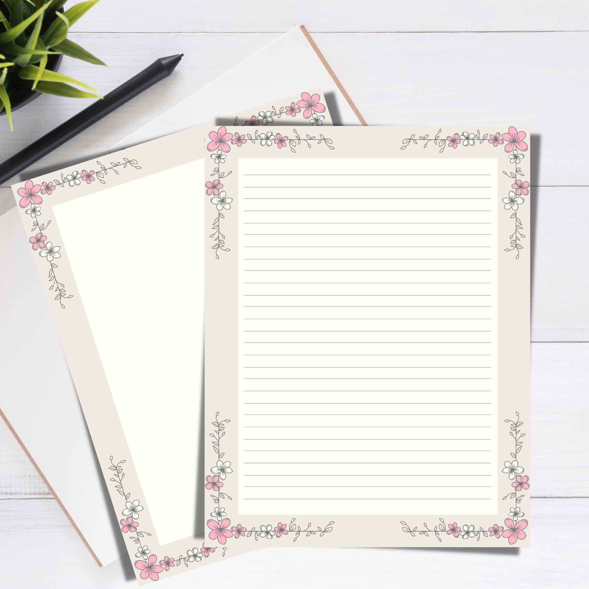 Pink & Cream Floral Border Paper Printable Stationery - Etsy