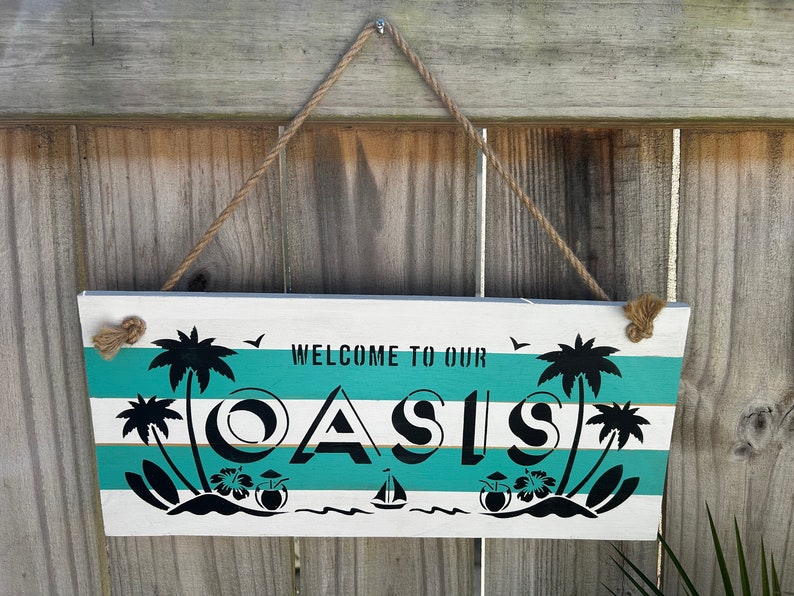 Coastal Door Decor Oasis Welcome Sign Tropical Home Decor Gift Beach ...