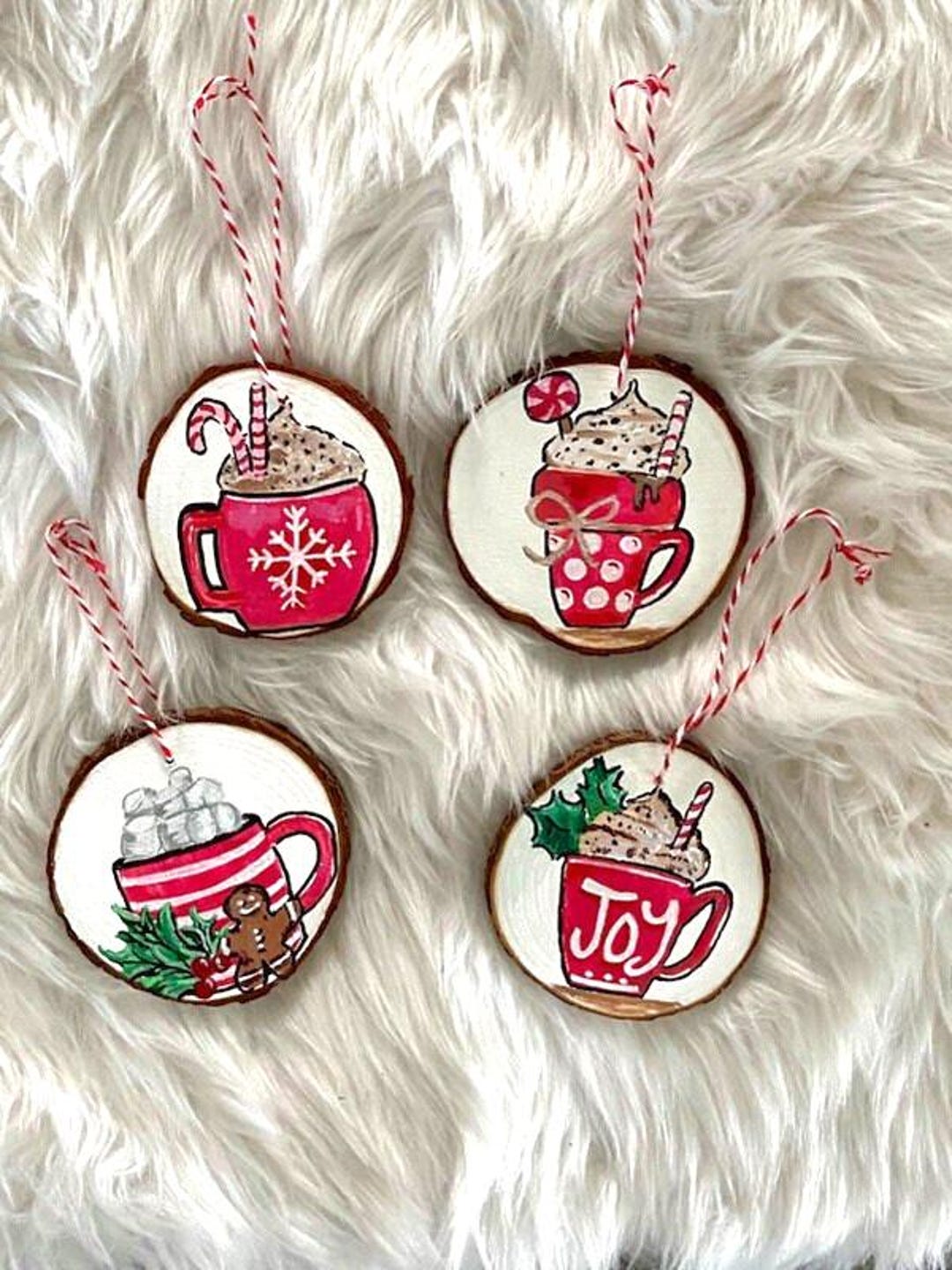 Hand Painted Hot Cocoa Mug Christmas Ornaments: Wood Slice Decor (set ...
