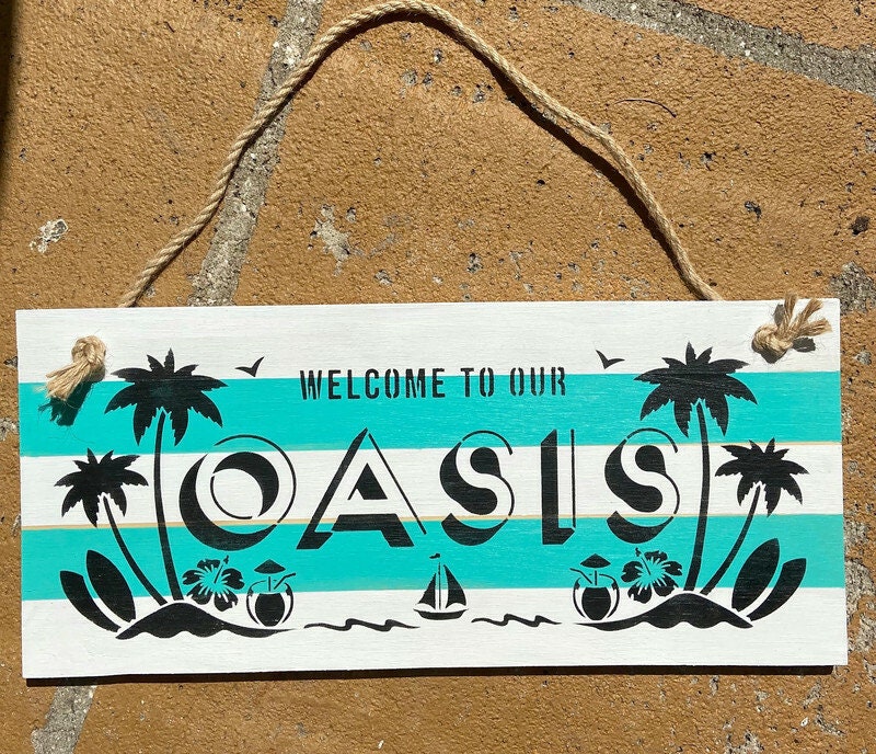 Coastal Door Decor Oasis Welcome Sign Tropical Home Decor Gift Beach ...