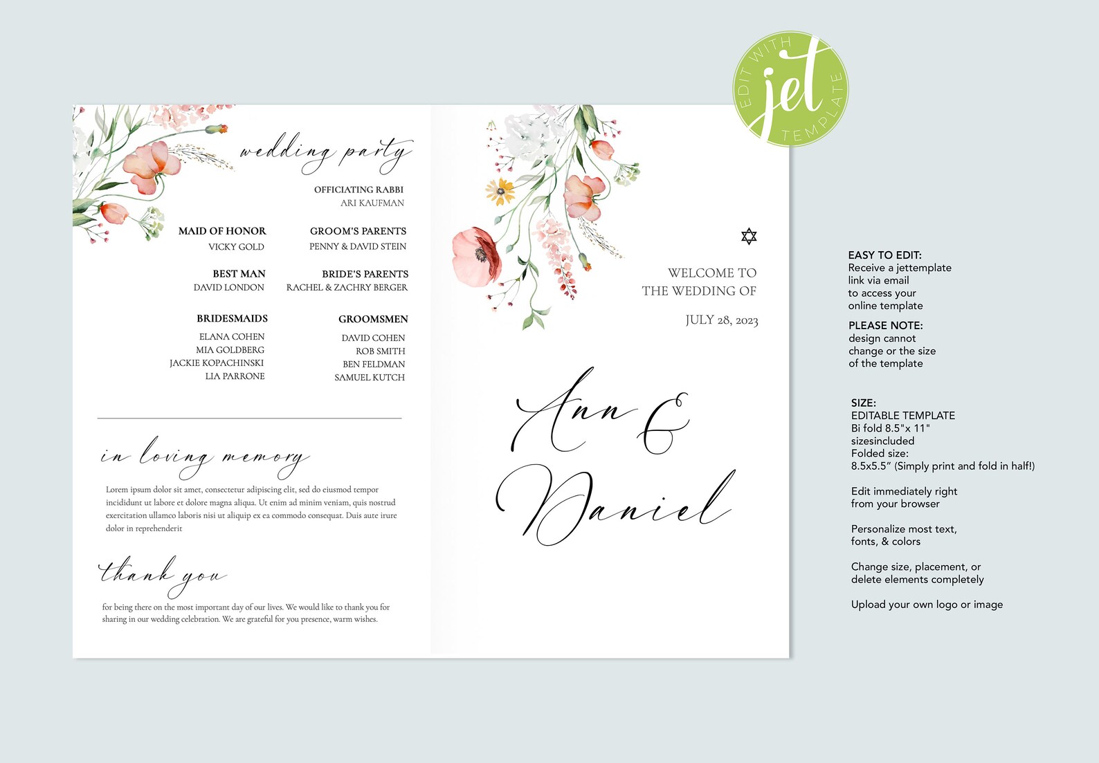Jewish Wedding Program Infographic, Bifold Program, Editable Ceremony ...