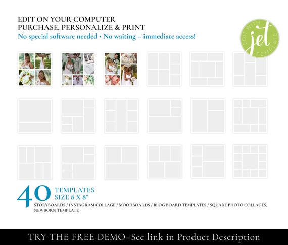 8x8 Photo Collage Digital Template Pack 40 Templates | Etsy