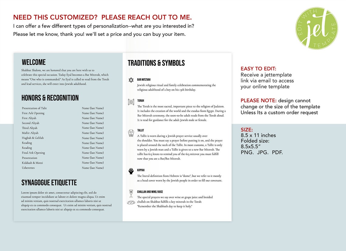 Jewish Ceremony Bat/bar Mitzvah Programs Modern, Editable Jewish Bar ...