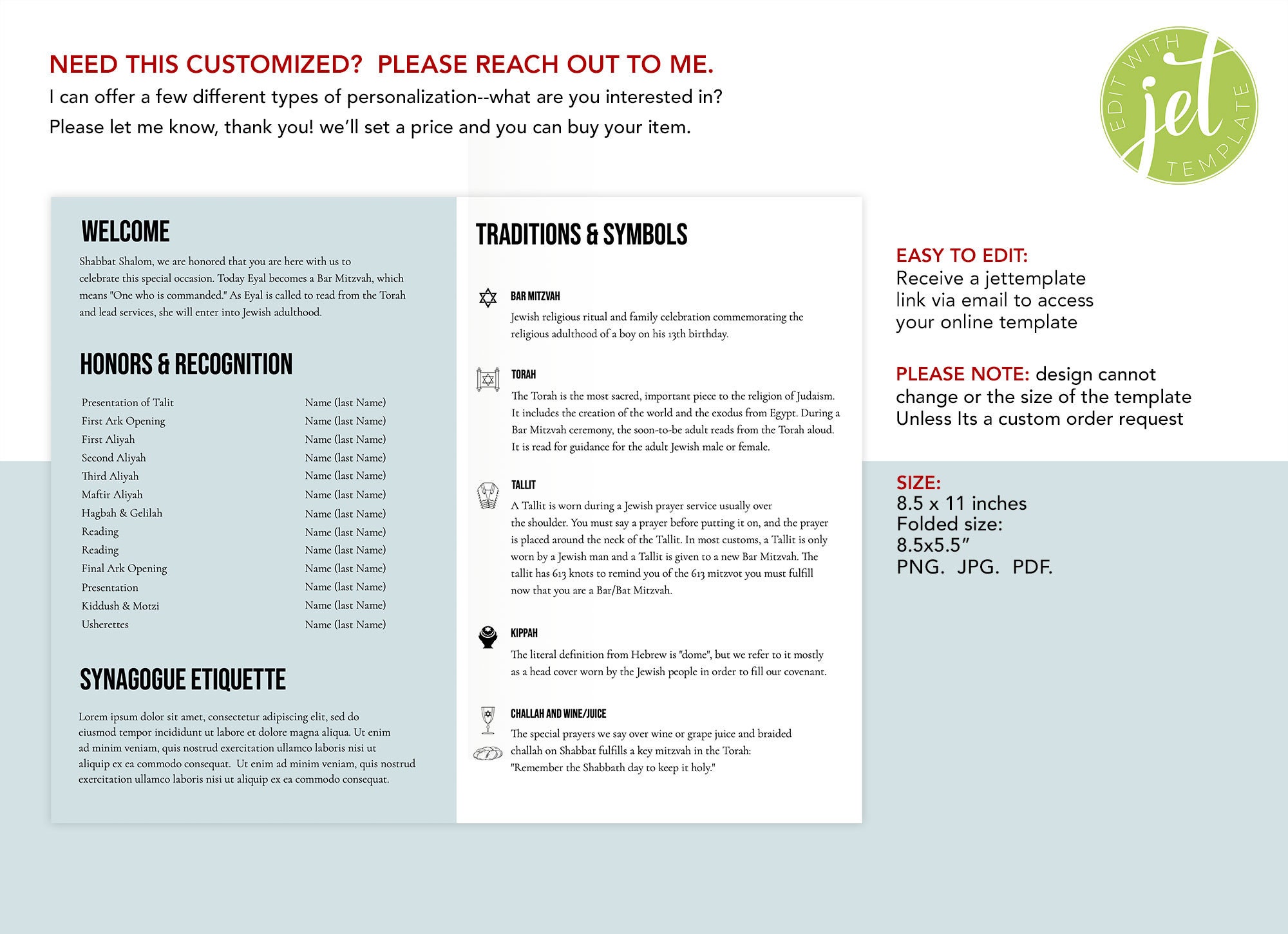 Jewish Ceremony Bat/bar Mitzvah Programs Modern, Editable Jewish Bar ...
