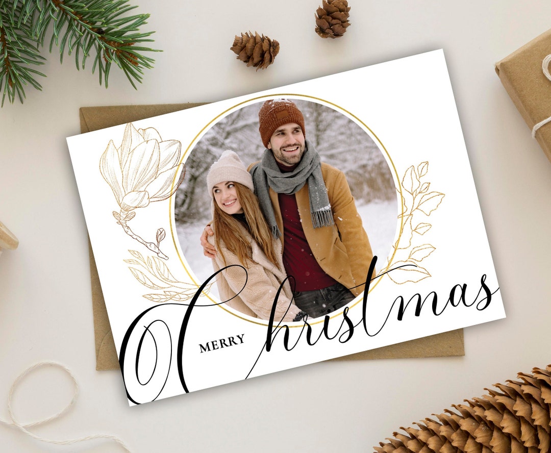 Printable Holiday Card Template, Gold Flowers Card Template, Festive ...
