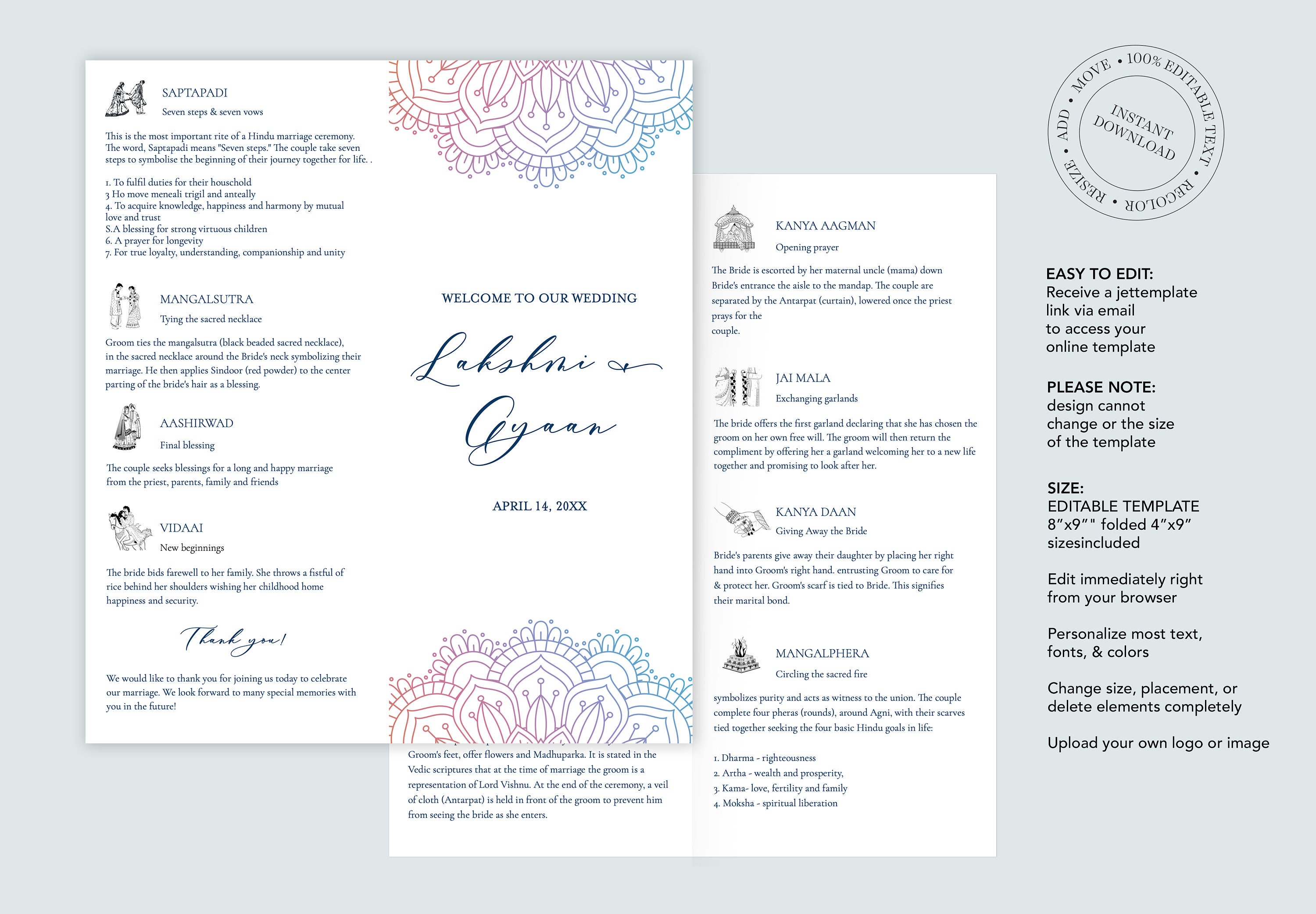 Editable Minimal Hindu Ceremony Program Template, Long Hindu Wedding ...