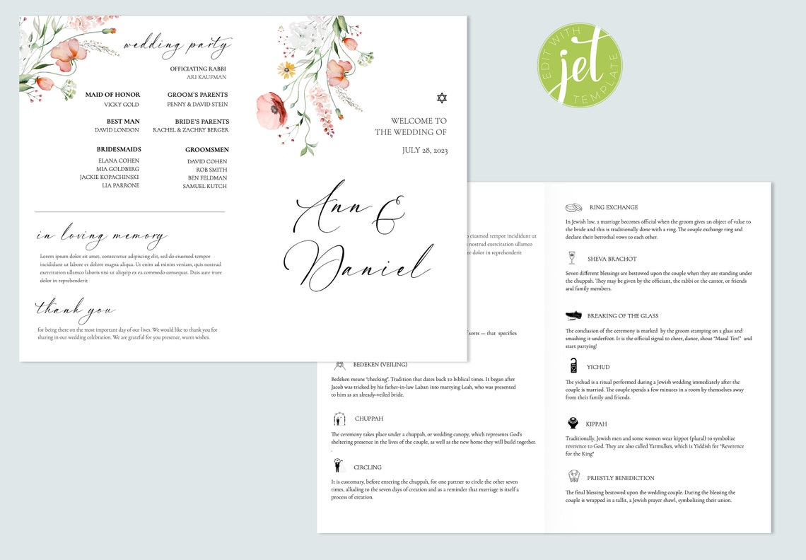 Jewish Wedding Program Infographic, Bifold Program, Editable Ceremony ...