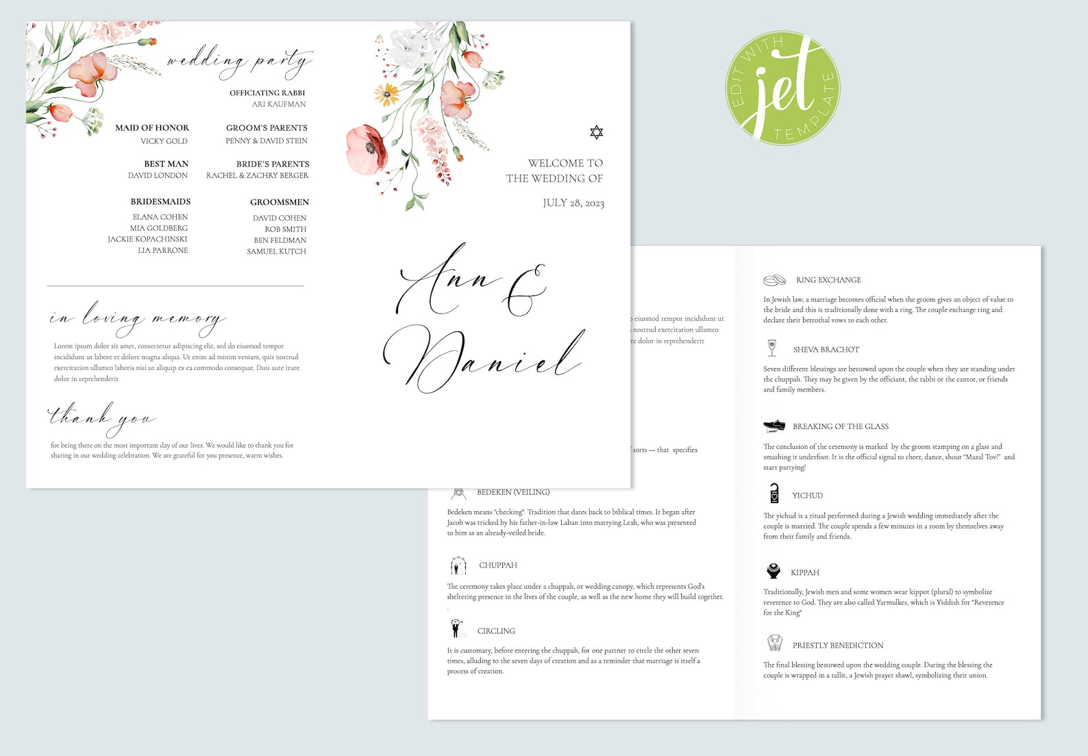 Jewish Wedding Program Infographic, Bifold Program, Editable Ceremony ...