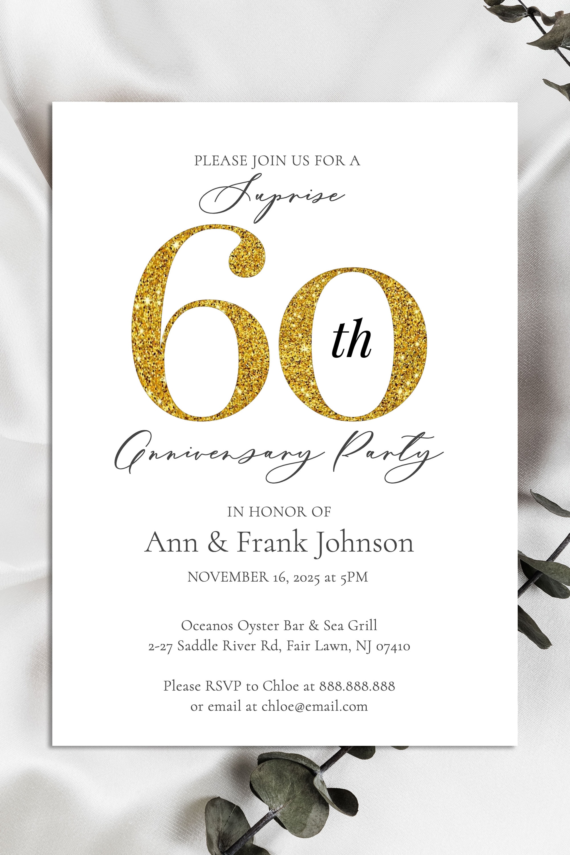Minimalist 60th Wedding Anniversary Invitation Template 5x7 and Evite ...