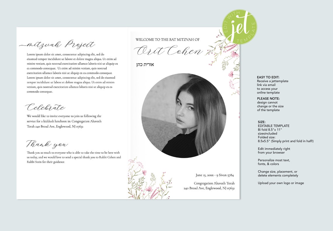Editable Jewish Bar/bat Mitzvah Template, Flowers Jewish Ceremony Bat ...