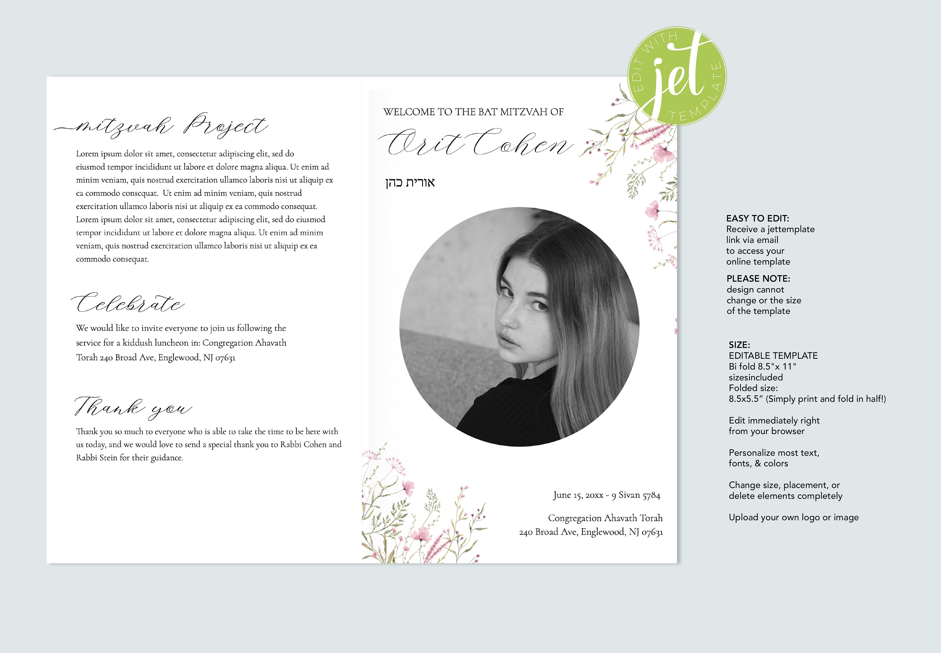 Editable Jewish Bar/bat Mitzvah Template, Flowers Jewish Ceremony Bat ...