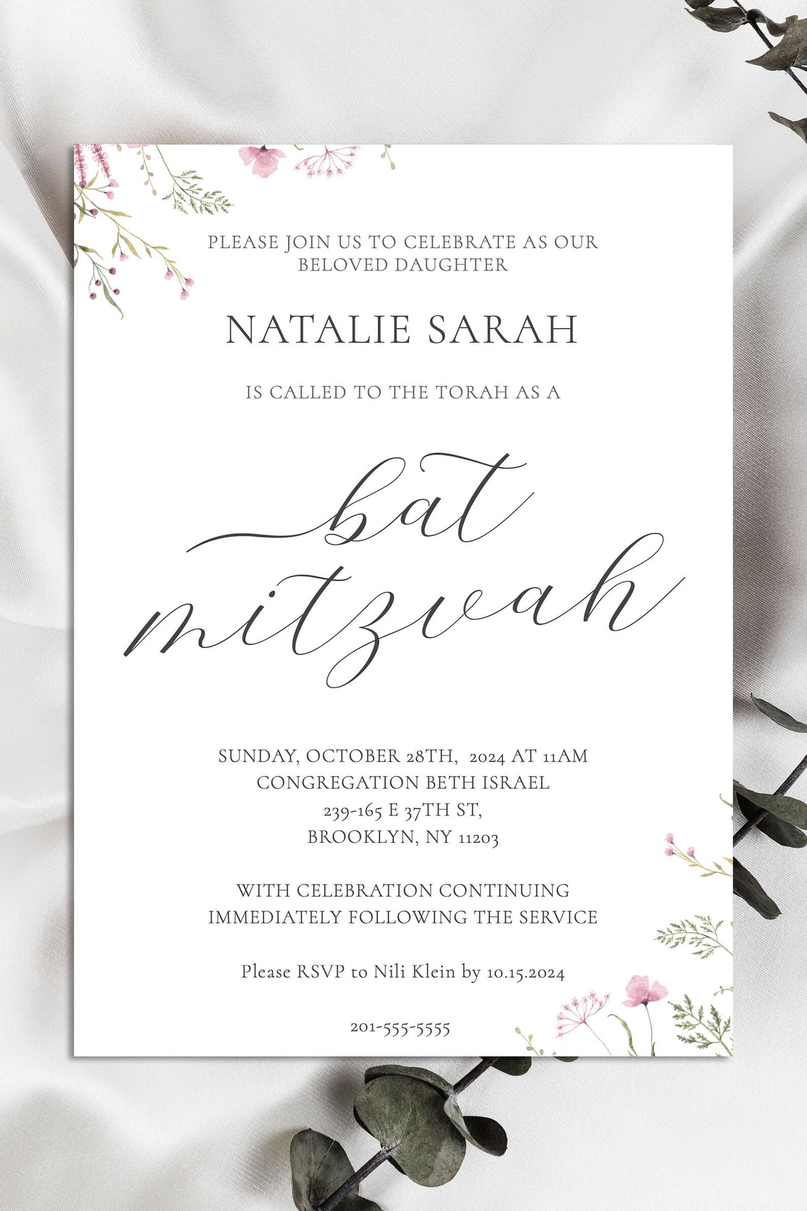 EDITABLE Elegant Bat Mitzvah Invitation Template, Floral Printable Bat ...