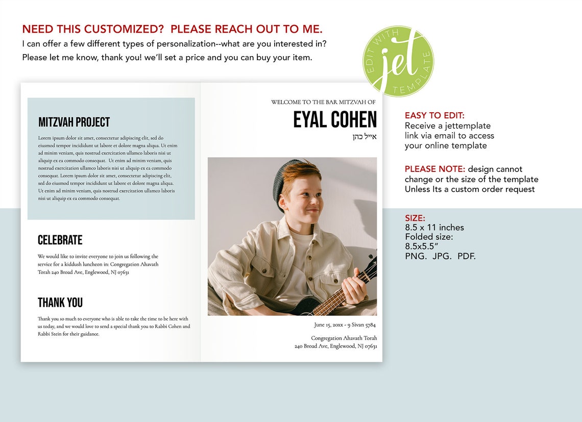 Jewish Ceremony Bat/bar Mitzvah Programs Modern, Editable Jewish Bar ...