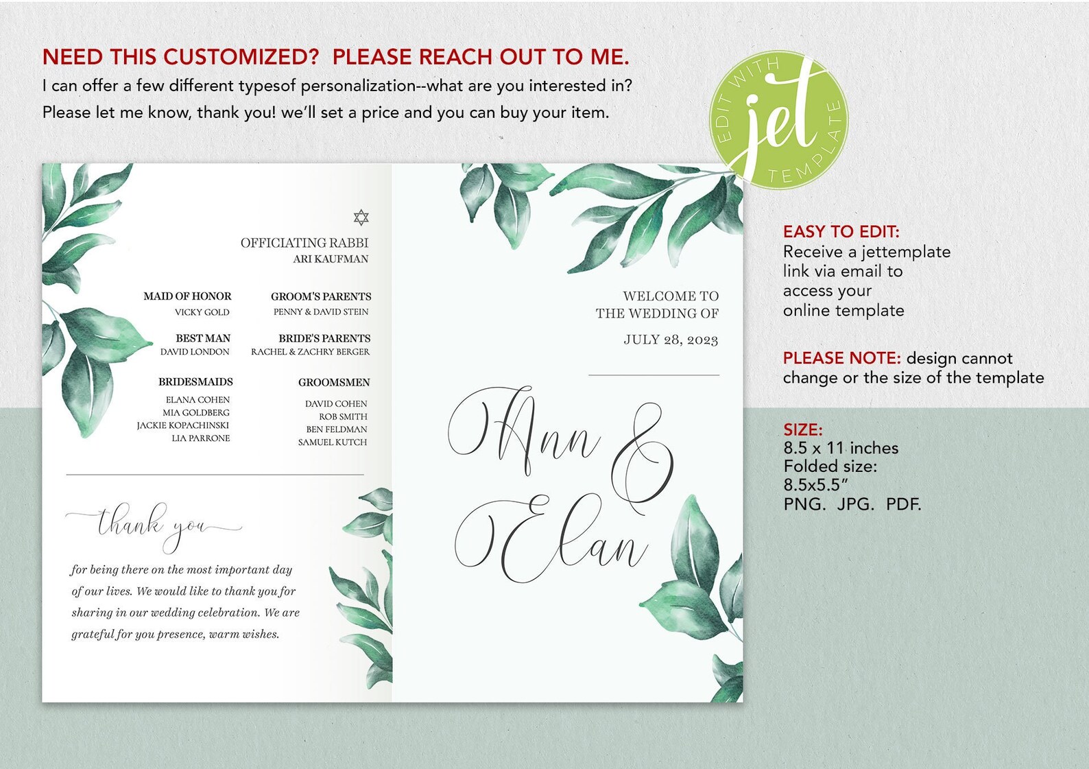 Jewish Wedding Program Infographic Bifold Program Editable - Etsy