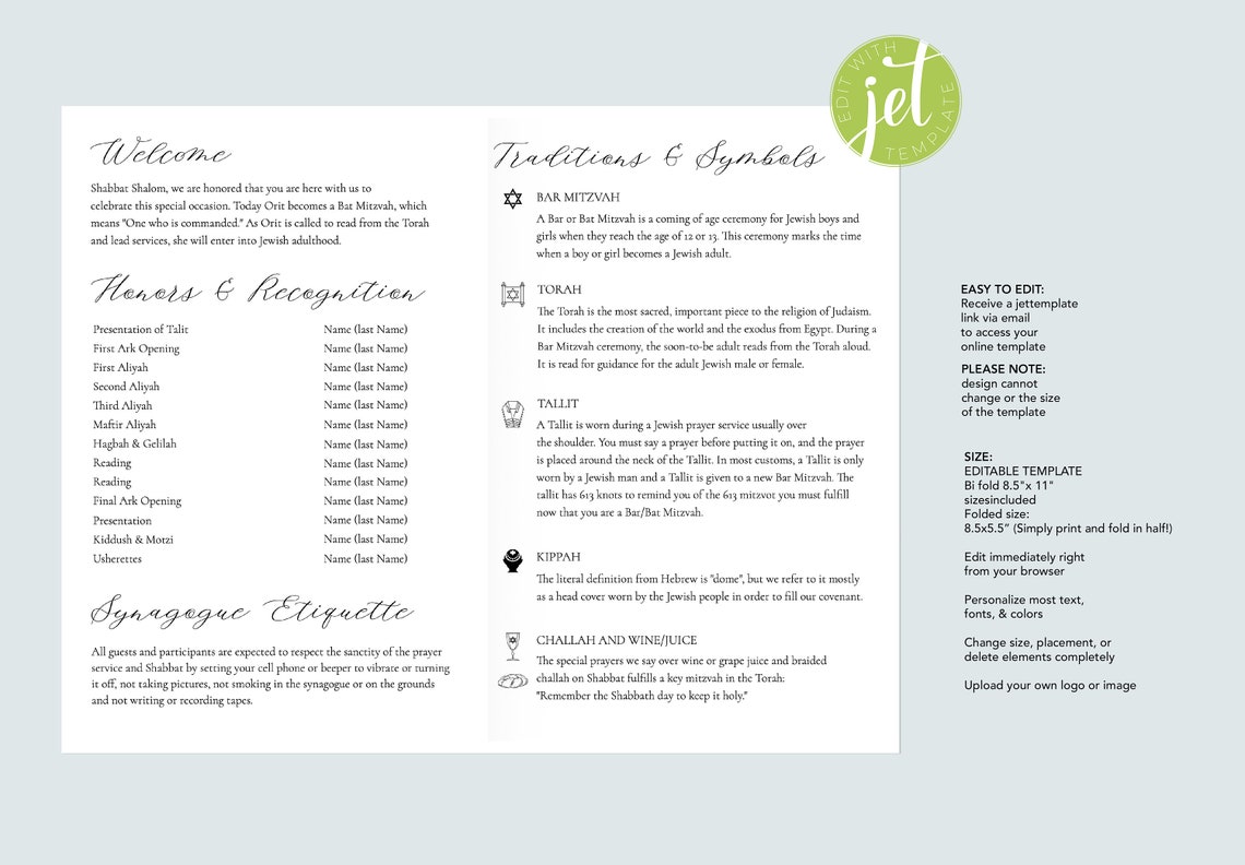 Editable Jewish Bar/bat Mitzvah Template, Flowers Jewish Ceremony Bat ...