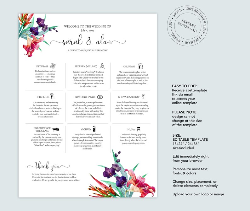JEWISH Wedding Program Welcome Sign Fully Editable Template, Watercolor ...