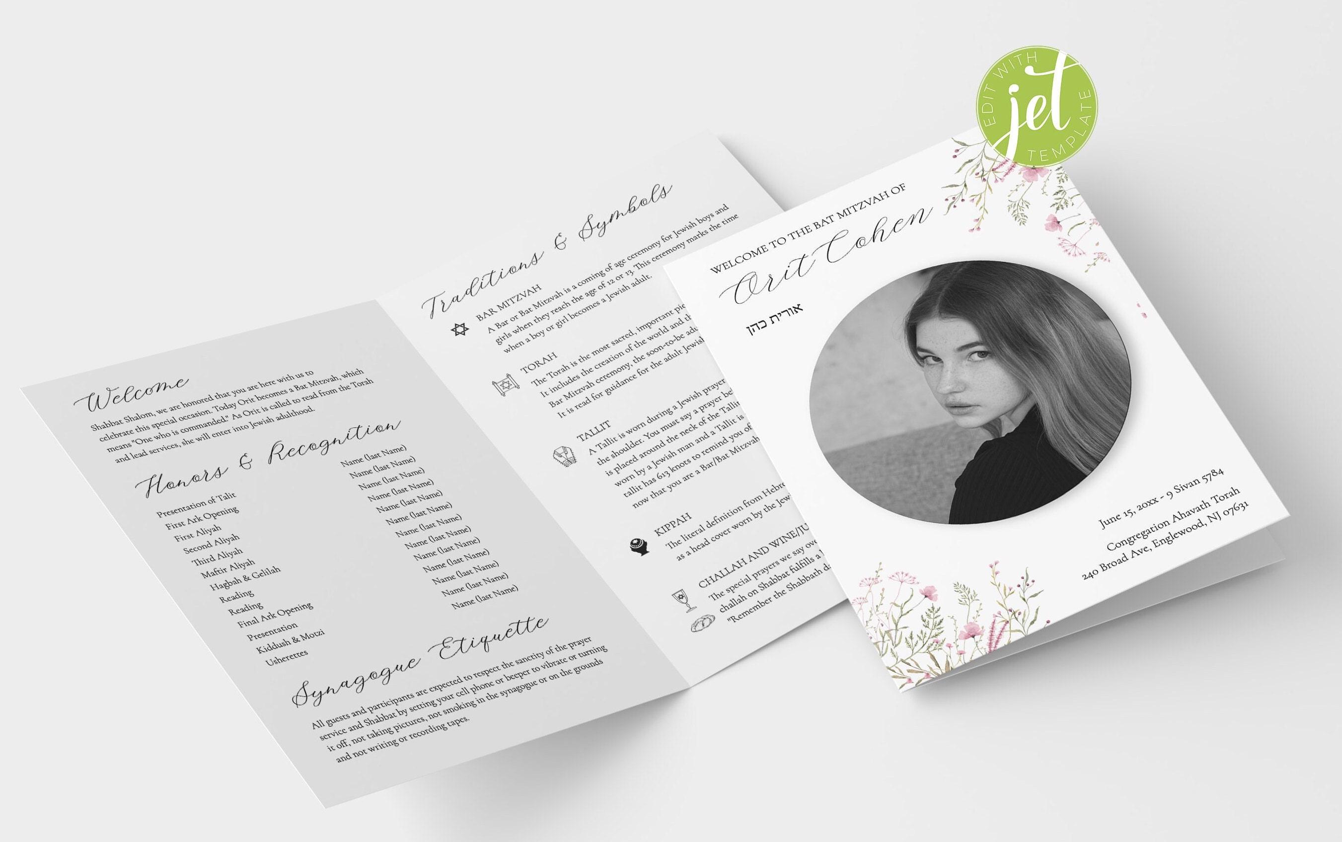 A Set of 3 Editable Templates, Jewish Ceremony Bat/bar Mitzvah Bifold ...