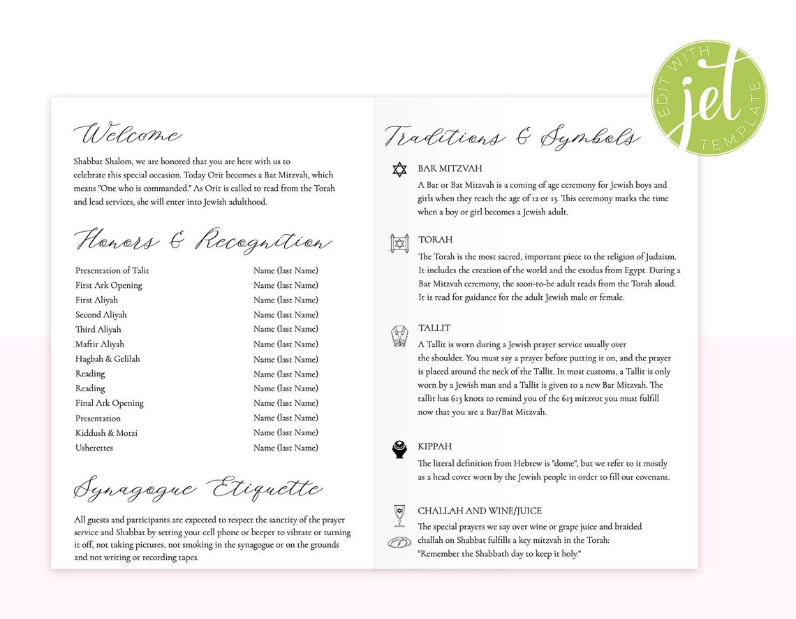A Set of 3 Editable Templates, Jewish Ceremony Bat/bar Mitzvah Bifold ...
