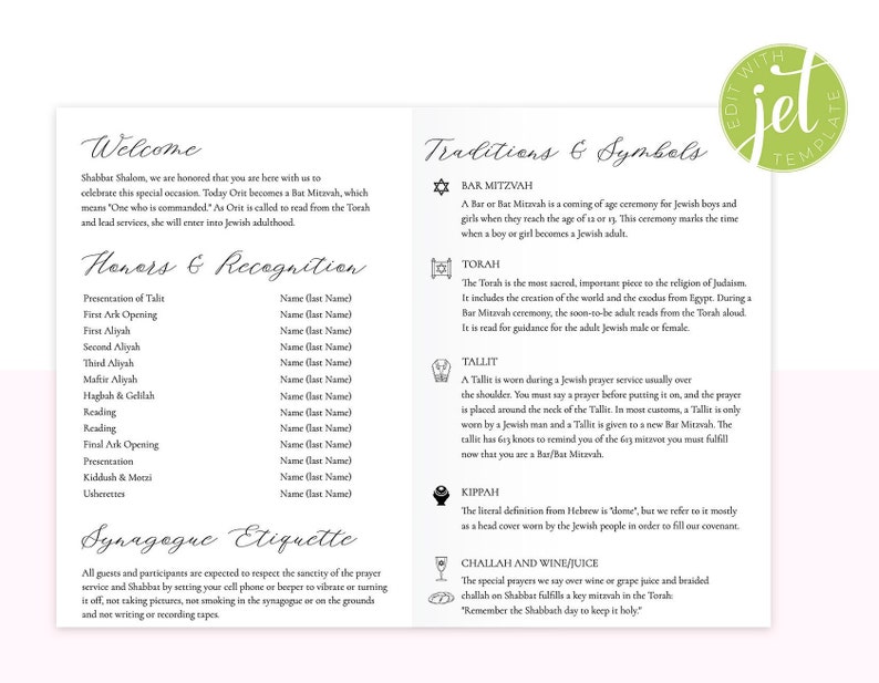 A Set of 3 Editable Templates, Jewish Ceremony Bat/bar Mitzvah Bifold ...