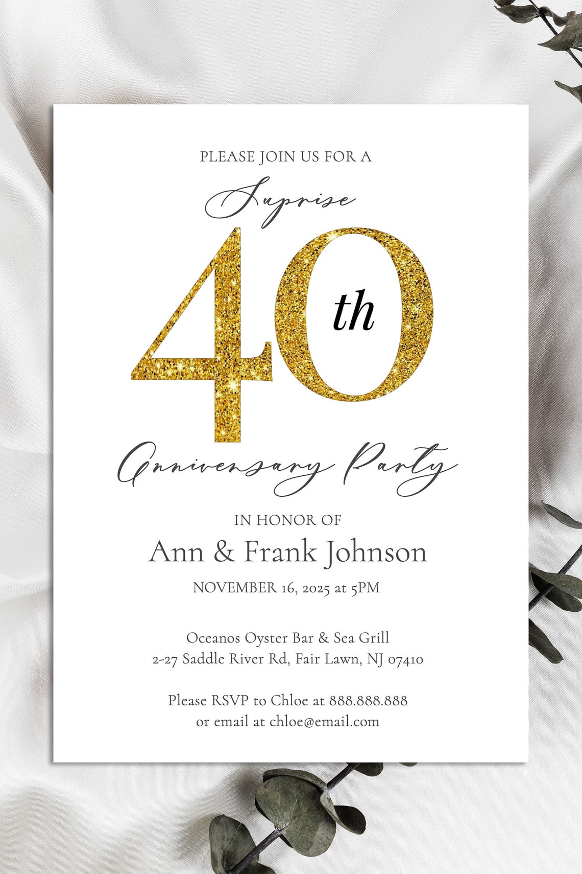 Minimalist 40th Wedding Anniversary Invitation Template 5x7 and Evite ...