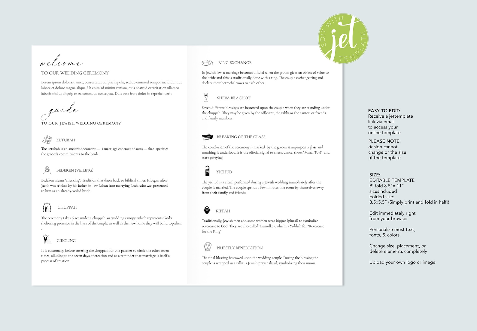 Jewish Wedding Program Infographic, Bifold Program, Editable Ceremony ...