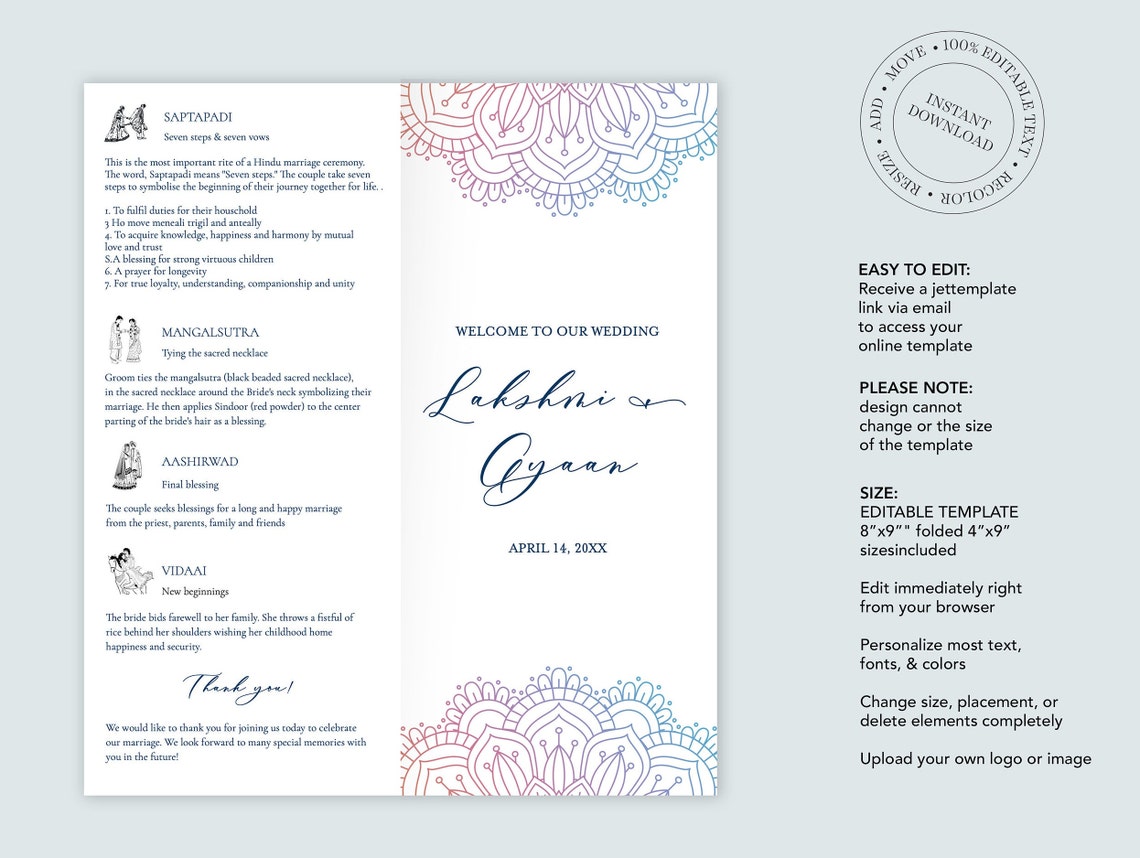 Editable Minimal Hindu Ceremony Program Template, Long Hindu Wedding ...