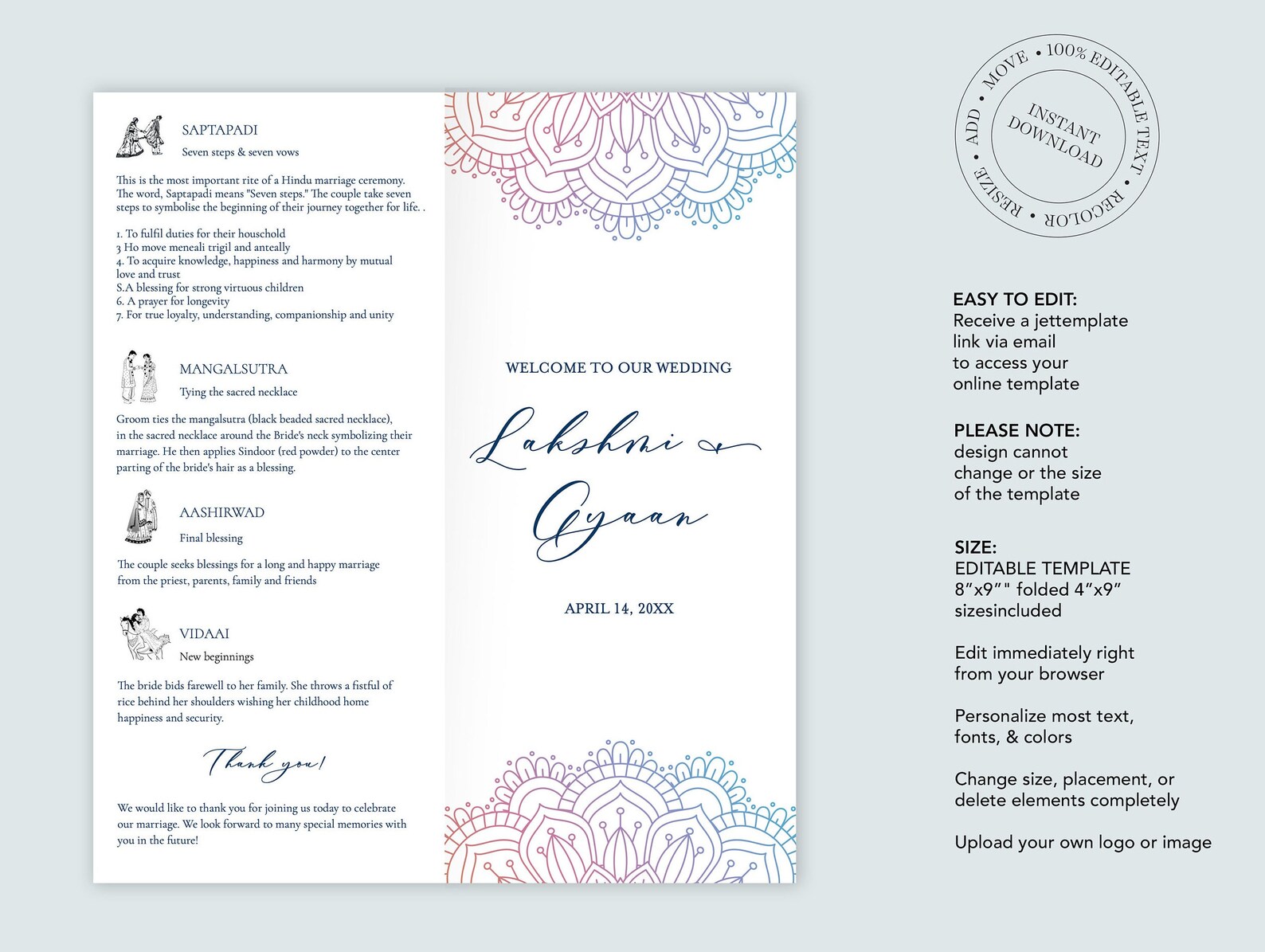 Editable Minimal Hindu Ceremony Program Template, Long Hindu Wedding ...