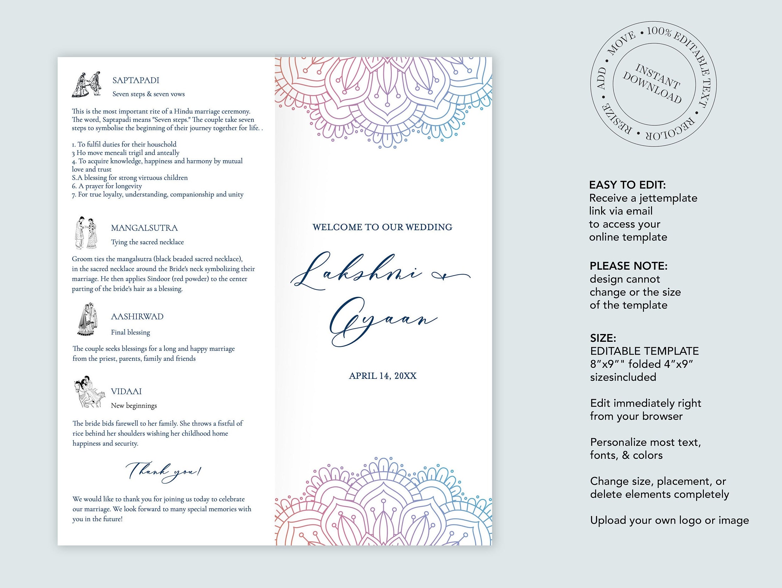 Editable Minimal Hindu Ceremony Program Template, Long Hindu Wedding ...