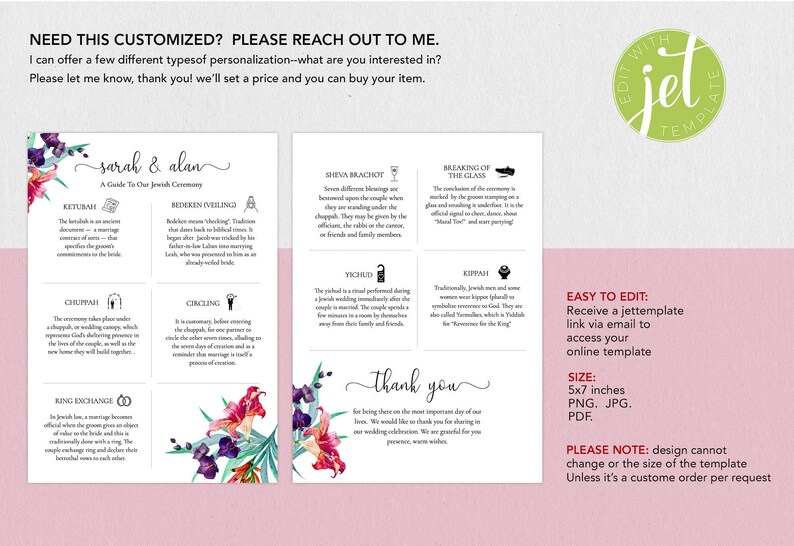 Watercolor Flowers Wedding Hand Fan Jewish Minimal, Wedding Program ...