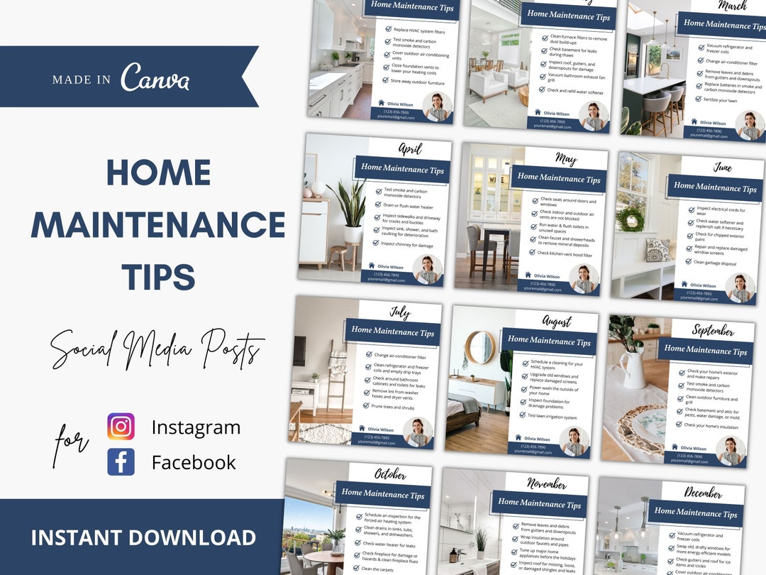 Home Maintenance Tips Social Media Posts, Monthly Home Maintenance Tips ...