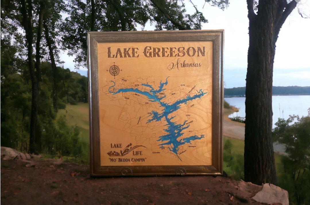 Wood Lake Map, Lake Greeson Arkansas, Any Lake, Lake House Decor, Wall ...