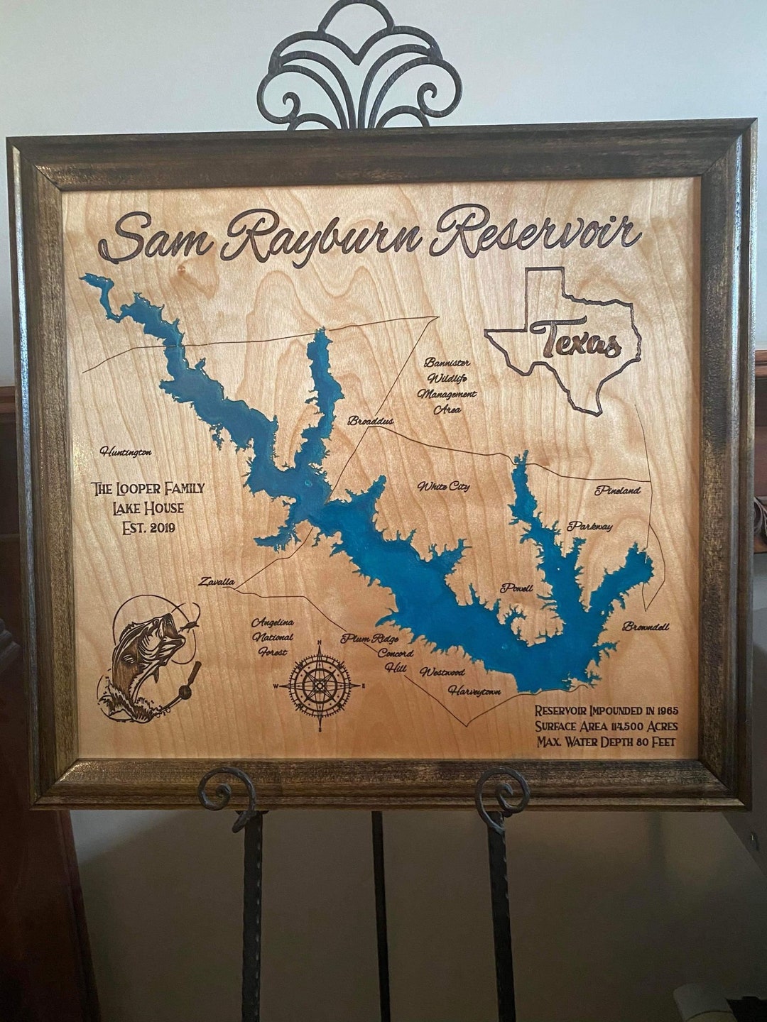 Wood Lake Map, Sam Rayburn Reservoir Texas, Any Lake, Lake House Decor ...