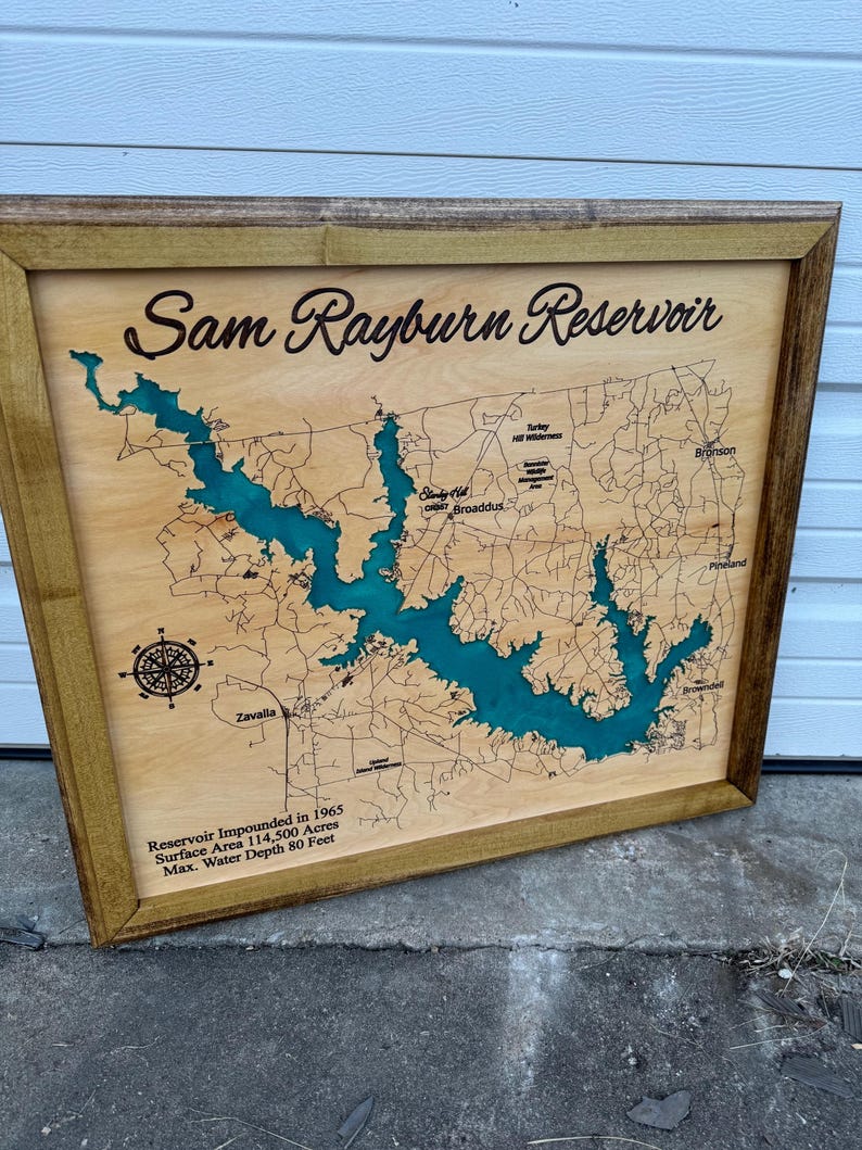 Wood Lake Map, Sam Rayburn Reservoir Texas, Any Lake, Lake House Decor ...