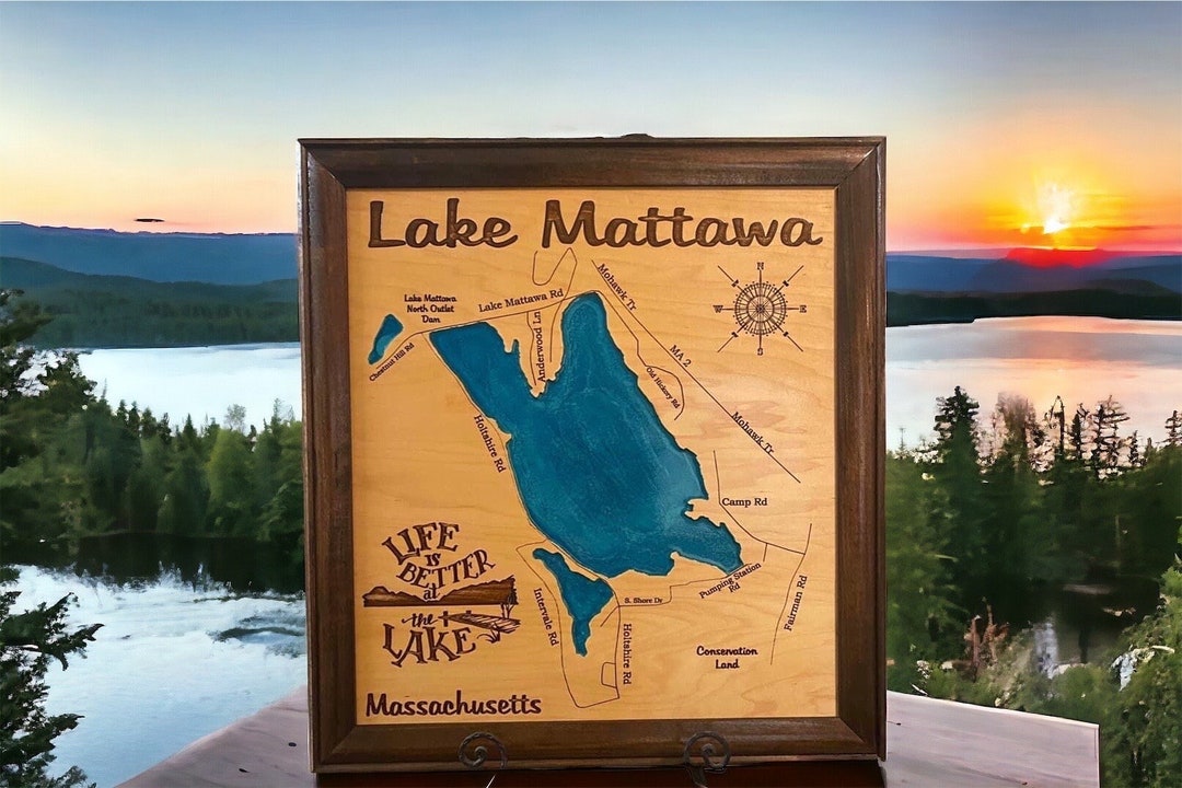 Wood Lake Map, Lake Mattawa Massachusetts, Any Lake, House Decor, Wall ...