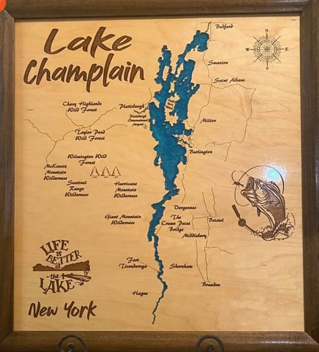 Wood Lake Map Lake Champlain New York, Any Lake, Lake House Decor, Wall ...