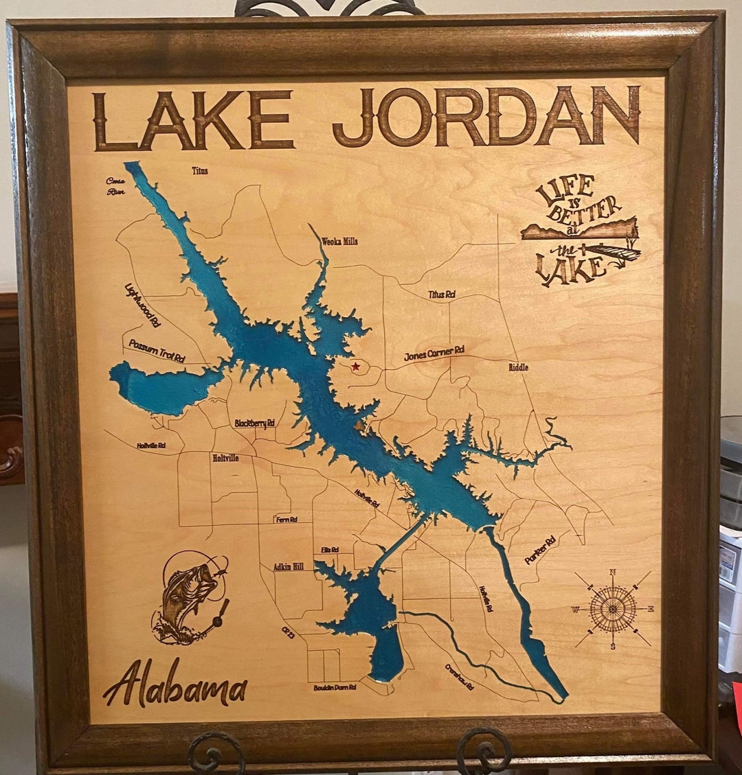 Wood Lake Map, Lake Jordan Alabama, Any Lake, Lake House Decor, Wall ...