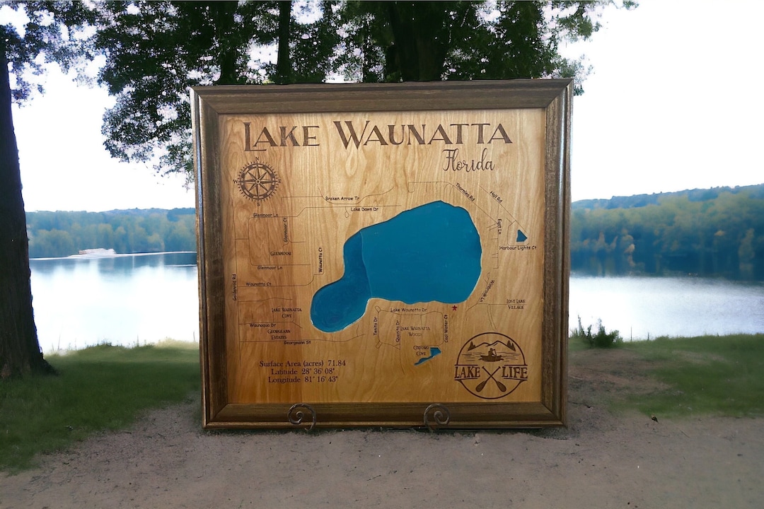 Wood Lake Maps, Lake Waunatta Florida, Any Lake, House Decor, Wall Art ...