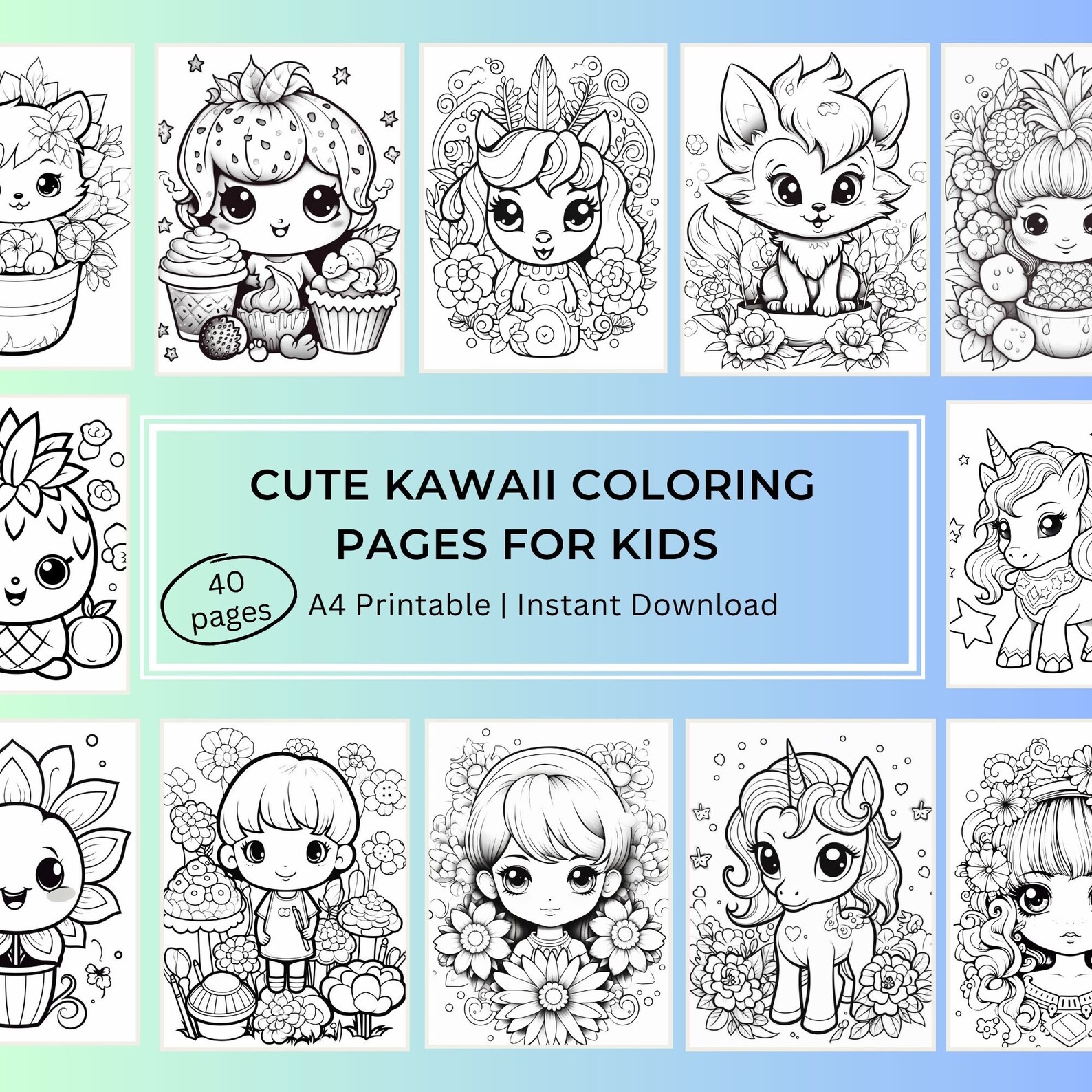 Cute Kawaii Coloring Pages for Kids, A4 Printable Coloring Pages for ...