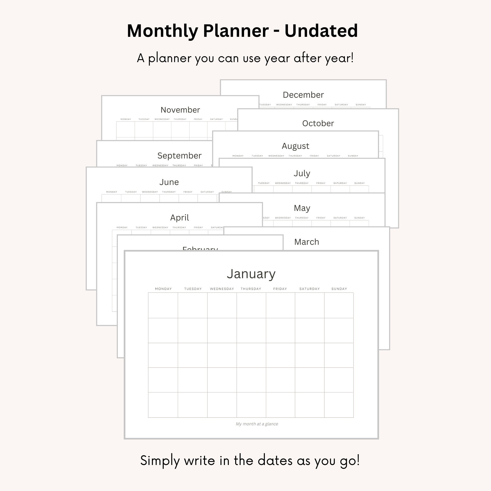 Month at a Glance Printable Monthly Planner With No Dates - Etsy