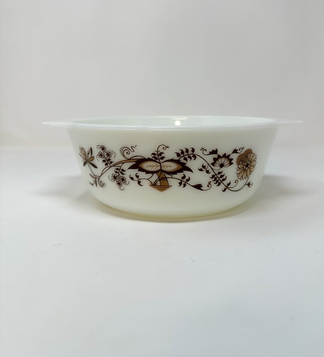 Vintage Pyrex England JAJ Brown Floral Vine 10" Milk Glass Casserole ...